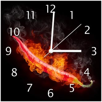 Wallario Design-Wanduhr Heiße, brennende Chili-Schote vor schwarzem Hintergrund aus Glas, Motiv-Uhr Größe 30 x 30 cm, weiße Zeiger