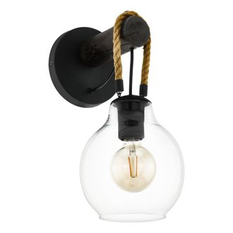 Eglo Wandlampe Roding, 1 flammige Wandleuchte vintage, Wandbeleuchtung f&uuml;r Innen aus Glas in Klar, Metall in Schwarz, Holz und Naturseil, Wohnzimmerlampe, 