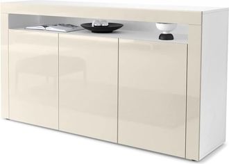 Vladon Sideboard Valencia, Made in Germany, Kommode mit 3 Türen und 1 offenem Fach, Weiß matt/Creme Hochglanz (155 x 92 x 40 cm)