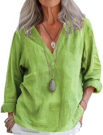 Onsoyours Chemisier élégant à col en V pour Femme Henley Chemisier Ample à Manches Enroulables Manches Longues Lâches Hauts Tuniques de Base T-Shirt Blouses A J