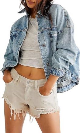 Generic Veste En Jean Pour Femmes Avec Col &Agrave; Revers, Boutonn&eacute;e &Agrave; Lavant, Manches Longues, Coupe Ample Et Tendance, Light blue, XL