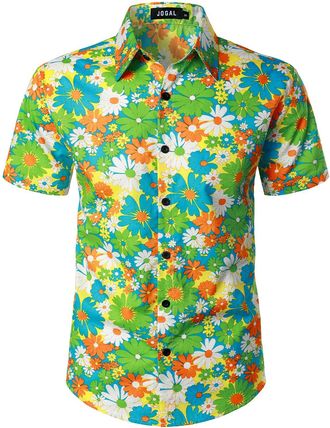 JOGAL Herren Blumen Kurzarm Baumwolle Hawaii Hemd Gelb Gänseblümchen 3X-Large