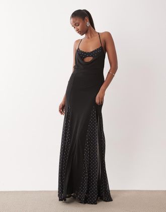 Asos Robe caraco longue &agrave; pois et soutien-gorge avec jupe &agrave; godets - Noir