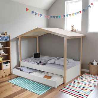 Weber Industries Le Quai Des Affaires - Lit cabane castel 90x190 + 1sommier + tiroir / Blanc et naturel/ 214x96x166
