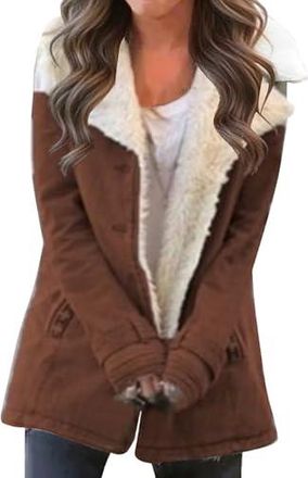 Generic Veste dhiver chaude en polaire Sherpa doubl&eacute;e de grande taille avec revers boutonn&eacute;, manteau dext&eacute;rieur en composite tendance pour femme, marron, 4XL