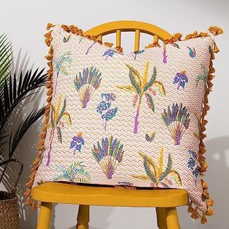 furn. Chamae Kissen mit Blumenmuster, Baumwolle, Quasten, Federn, gefüllt