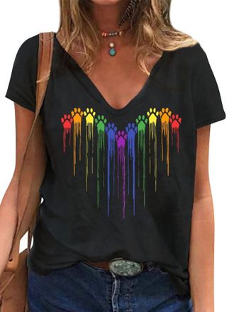 Dresswel Damen Regenbogen T-Shirt V-Ausschnitt Bunte Flagge Pfote Grafikdruck LGBTQ Lesbian Gay Pride Vintage Tee Shirt Oberteil Tops