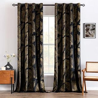 Miulee Lot de 2 rideaux en velours avec motifs feuilles dor pour fen&ecirc;tre de salon Noir 140 x 245 cm (l x L) Rideaux d&eacute;coratifs en velours doux pour chambre &agrave;