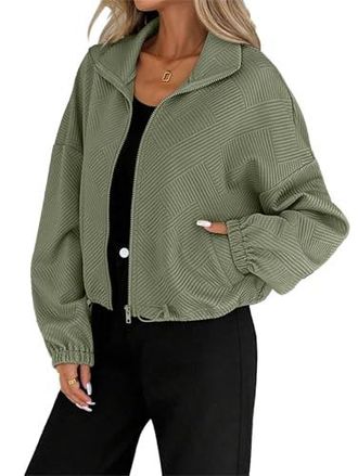 Generic Veste de baseball d&eacute;contract&eacute;e &agrave; revers pour femme avec col montant et poches &agrave; cordon de serrage pour lautomne et lhiver, Vert, XL