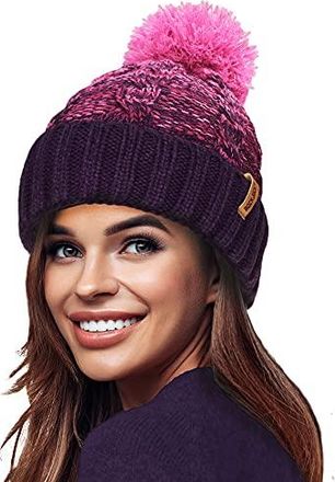 RockJock STORMACTIVE 100% Imperméable Dames Unisexe Chunky Ombre Chaud Hiver Teddy Doublé Tricoté Pompon Bonnet Bonnet-Taille Unique-Violet/Rose