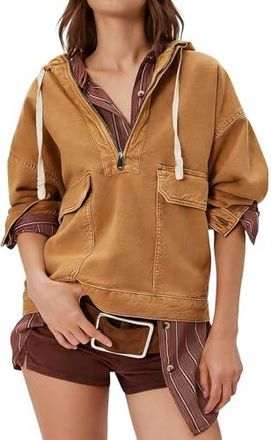 Generic Pull en jean surdimensionn&eacute; pour femme avec demi-fermeture &eacute;clair et poches - V&ecirc;tement dext&eacute;rieur d&eacute;contract&eacute;, kaki, XL