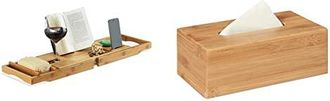 Relaxdays Badewannenablage Bambus, mit Buchstütze und Glashalter, 19x107,5x23cm, Natur & Kosmetiktuchbox, aus Bambus, Box für Kosmetik- & Taschentücher, Tücherb