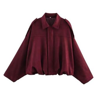 Generic Veste bomber à revers pour femme, surdimensionné, décontracté, manches longues, vêtements dextérieur tendance streetwear, rouge vin, L
