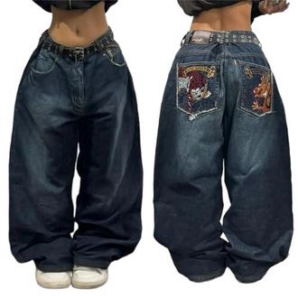 ORANDESIGNE Jean Baggy Femme Y2K Harajuku Jean Vintage Hip Hop Denim Pantalon Droite L&acirc;che E-Girl Pantalon Streetwear T Bleu XXL