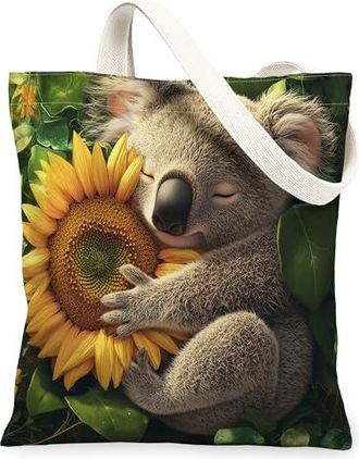 Generic Sac fourre-tout en toile motif koala printanier, 33 x 38,1 cm, motif imprim&eacute; feuille de tournesol, sac d&eacute;picerie r&eacute;utilisable, sac d&eacute;picerie pour femm