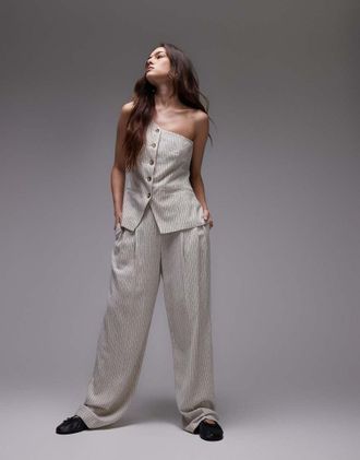 Topshop Pantalon large densemble en lin &agrave; rayures - Cr&egrave;me-Blanc