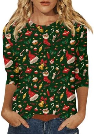 Generic Chemises décontractées pour femme - Haut imprimé de Noël pour femme - Manches 3/4 - Col rond - Style décontracté et polyvalent - Coupe ample, Chemises