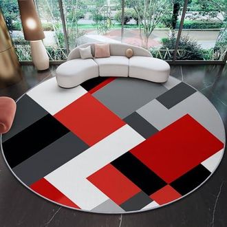 Generic Tapis Rond de Salon Luxe G&eacute;om&eacute;trie Abstraite Rouge et Noire pour Salle &agrave; Manger Bureau Lavable en Machine et Poil Court 90 cm (Round) Tapis Chambre av