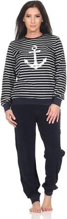Normann Pyjama &agrave; manches longues en tissu &eacute;ponge pour femme avec poignets aspect marin et motif ancre, Marine, 38-40