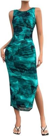 Generic Robes amincissantes 2026 pour dames, tendance, d&eacute;contract&eacute;e, coupe ajust&eacute;e, sans manches, fente et col haut, Vert, XL