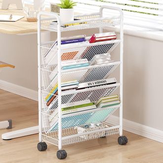 Generic Rollbarer B&uuml;cherwagen, mobiles B&uuml;cherregal auf R&auml;dern, kompakter Trolley, freistehendes Metallregal, Eckregal, Zeitschriftenst&auml;nder for schmale R&auml;ume(