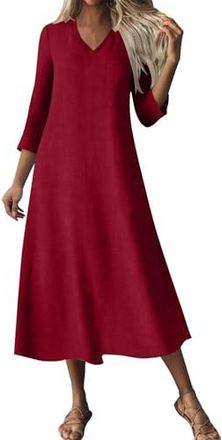 Generic Robe longue en lin pour femme - Col en V - Manches 3/4 - Solide - Longue robe d&eacute;t&eacute; - Tenue de vacances pour la plage et les voyages, Rouge, XXL