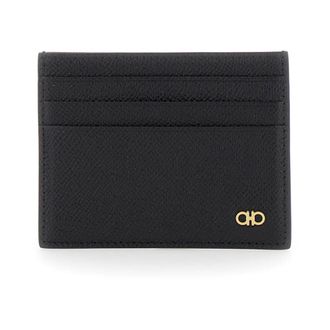 Ferragamo Homme, Accessoires, Noir, Taille: ONE Size Porte-cartes en cuir noir avec micro Gancini