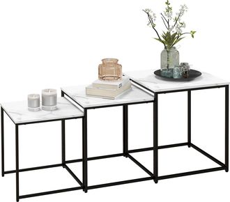 HOMCOM 3er Set Couchtische, Marmor Effekt Nisttische mit Stahlrahmen, Moderner Stil, für Wohnzimmer, Schlafzimmer, Weiß