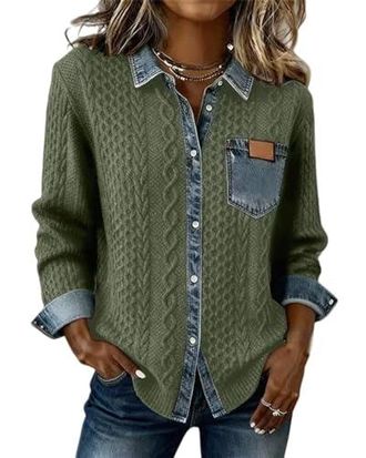 Generic Chemise en jean &eacute;piss&eacute;e tricot&eacute;e pour femme, col et poignets boutonn&eacute;s sur le devant, pull &agrave; manches longues, tenue de bureau d&eacute;contract&eacute;e, vert milit