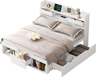 Liberte Lit multifonctionnel,140x190 cm, Lit double, avec port USB, tiroirs et armoire de rangement, blanc