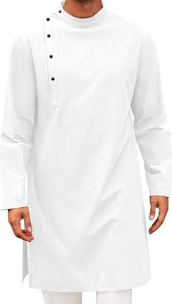 Generic Chemise &agrave; manches longues pour homme, chemise boutonn&eacute;e, couleur unie, robe musulmane, chemise d&eacute;contract&eacute;e avec fente lat&eacute;rale, robe musulmane tradit