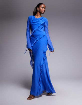 Daska Chiffon-Maxikleid in Kobaltblau mit hohem Wasserfallausschnitt und R&uuml;schendetail