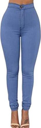 Onsoyours Femme Jeans Stretch Skinny Taille Haute Couleur Solide Crayon Jeggings Mode Extensible Mince Veau Pantalon Bleu Clair XX-Large