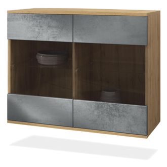 Vladon Kommode Bari V3, Moderner Küchenschrank mit 2 großen Glastüren Eiche Evoke/Beton Dunkel Optik (92,5 x 73.5 x 35)