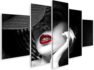 Islandburner Tableau sur Toile Femme myst&eacute;rieuse avec Un Chapeau Noir et des l&egrave;vres Rouges Cadre Affiche Poster Murale Tableaux