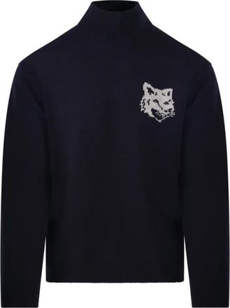 Maison Kitsun&eacute; Pull &agrave; col montant en laine m&eacute;rinos avec motif Fox Head - Homme - Pulls - Bleu - Taille: L