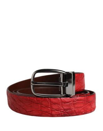 Dolce & Gabbana Men Red Exotic Leather Metal Buckle Belt Caiman
