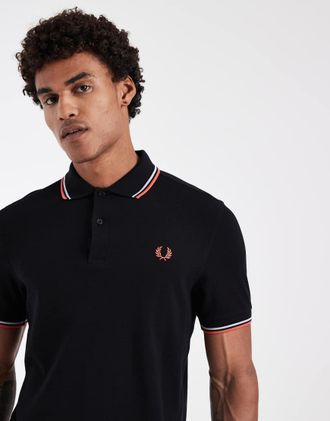 Fred Perry Polo &agrave; double liser&eacute; rouge et blanc - Noir