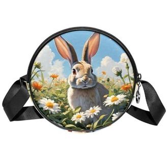 Generic Petit sac &agrave; bandouli&egrave;re circulaire pour femme, motif floral, lapin, sac &agrave; dos &agrave; bandouli&egrave;re avec fermeture &eacute;clair, bretelles r&eacute;glables, sac &agrave; main ron