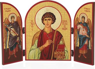 NKlaus Heiliger Pantaleon Triptychon Holz Ikone 25x16cm christlich 11319