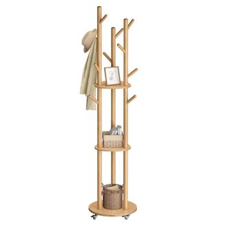 Vasagle Garderobenst&auml;nder, Kleiderst&auml;nder mit 11 Haken und 3 Ablagen, 4 drehbare und abnehmbare Rollen, Haken und Haltestangen aus Massivholz, Eingang Schlafz