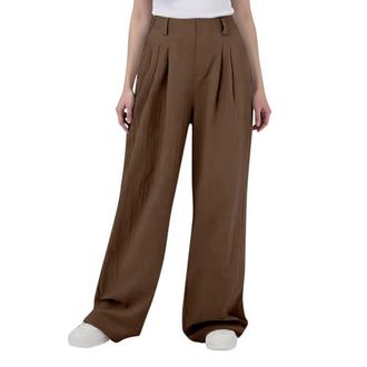 Generic Pantalon en coton et lin pour femme - Jambe large - Pantalon de plage d&eacute;t&eacute; pour femme - Confortable - Pantalon de yoga Palazzo XIYU26036, marron, XXL