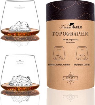 Alaskan Maker Whiskygl&auml;ser 350 ml (2 St&uuml;ck) - hochwertiges Borosilikatglas, handgeblasen mit gepr&auml;gten Bergen | Tulpenform | TOPOGRAPHISCHE Spirituosen (&Ouml;sterreichi