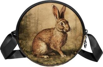 Generic Sac &agrave; bandouli&egrave;re rond pour femme, motif lapin vintage, sac &agrave; dos &agrave; bandouli&egrave;re avec fermeture &eacute;clair, bretelles r&eacute;glables, sac &agrave; main rond d&eacute;contract