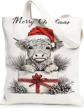 Generic Sacs fourre-tout en toile de vache de No&euml;l, motif animal rustique, sacs &agrave; provisions r&eacute;utilisables, vintage, l&eacute;gers, lavables &agrave; l&eacute;paule S, blanc, 13x1