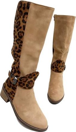 Generic Bottes déquitation décontractées à imprimé léopard pour femme, mollet large pour lautomne et lhiver, chaussures tendance à talon bas pour un usage quo