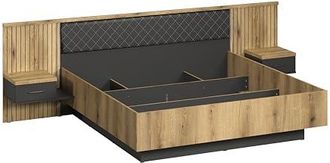 Trendteam Esteban - Bett (180x200 cm) - Evoke Eiche/Anthrazit - inkl. 2 Nachtkonsolen und Beleuchtung - (BxHxT) 302 x 97 x 204 cm - Kopfteil mit edler Rautenste