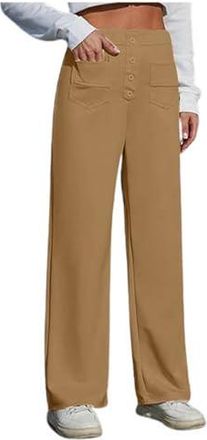 Generic Pantalon de travail 2026 pour femme taille haute élastique, jambe droite, coupe large, boutonnée, décontracté, avec poches, kaki, 4XL