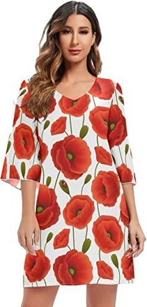 Mnsruu Mini robe décontractée en mousseline de soie à manches 3/4 et col en V Motif coquelicot Rouge, Multicolore, XL-XXL