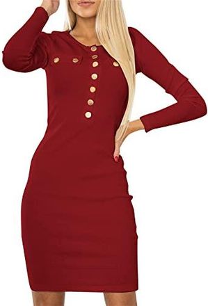 Generic Robe amincissante &agrave; manches longues et col rond - Couleur unie - Bouton tendance - Jupe courte d&eacute;contract&eacute;e, Rouge, S
